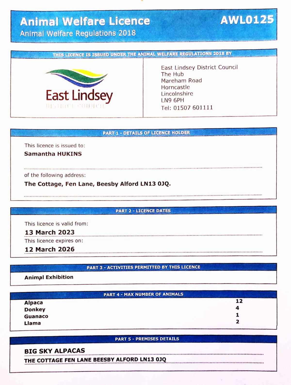 Animal Welfare License - Big Sky Alpacas